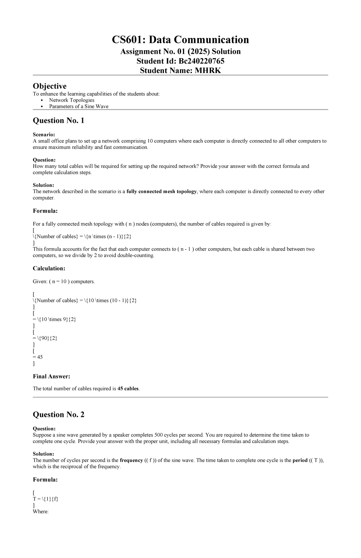 CS601: Data Communication Assignment 01 Solution on Network Topologies & Sine - Studocu