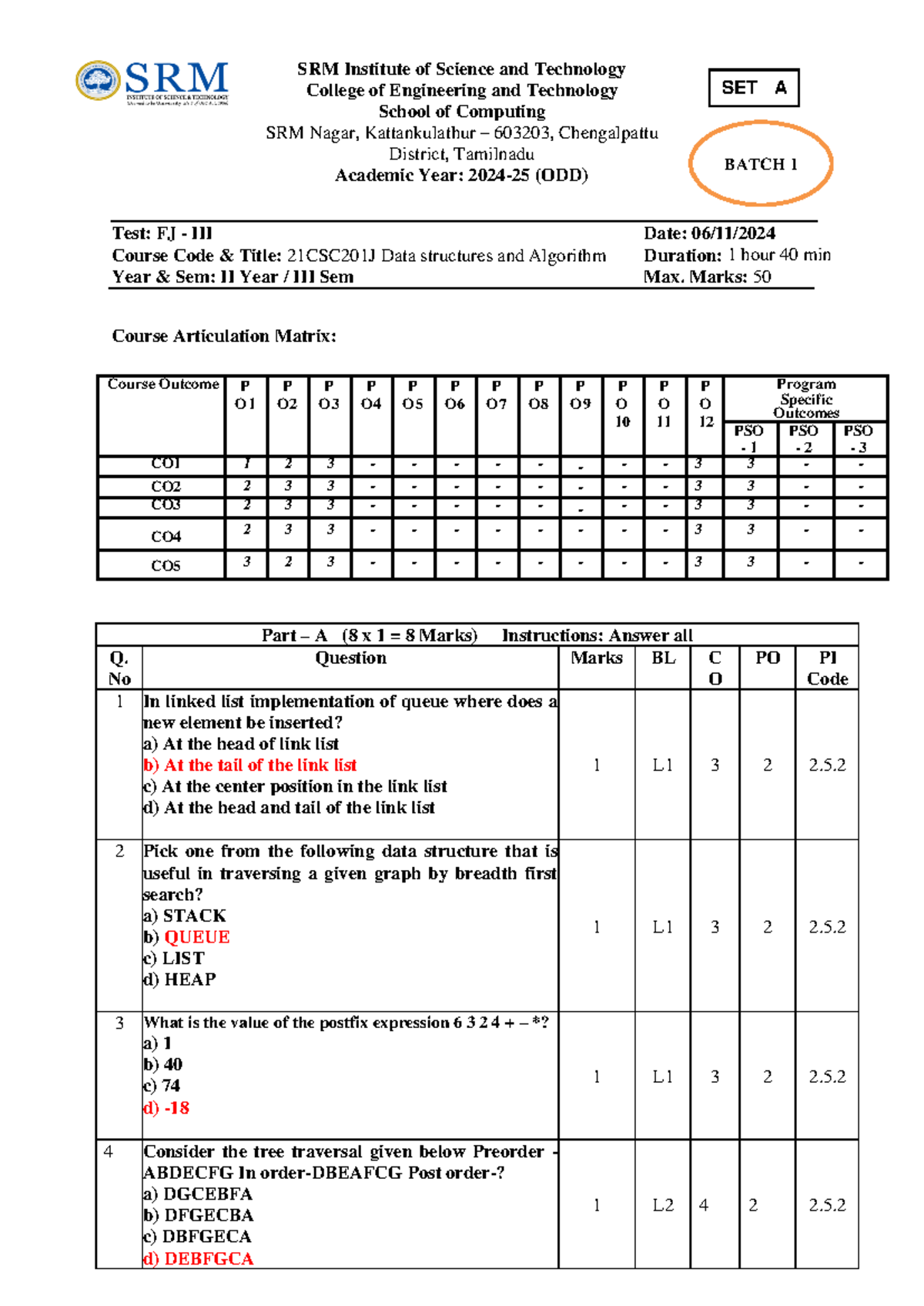 21CSC201J Data Structures and Algorithms - End Sem Question Paper - Studocu