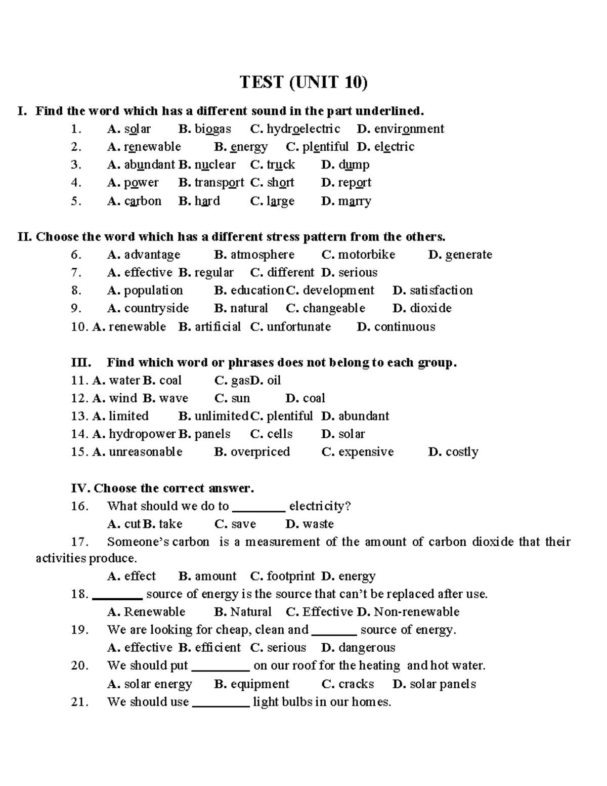TEST (UNIT 10) - Vocabulary and Comprehension Exercises - Studocu
