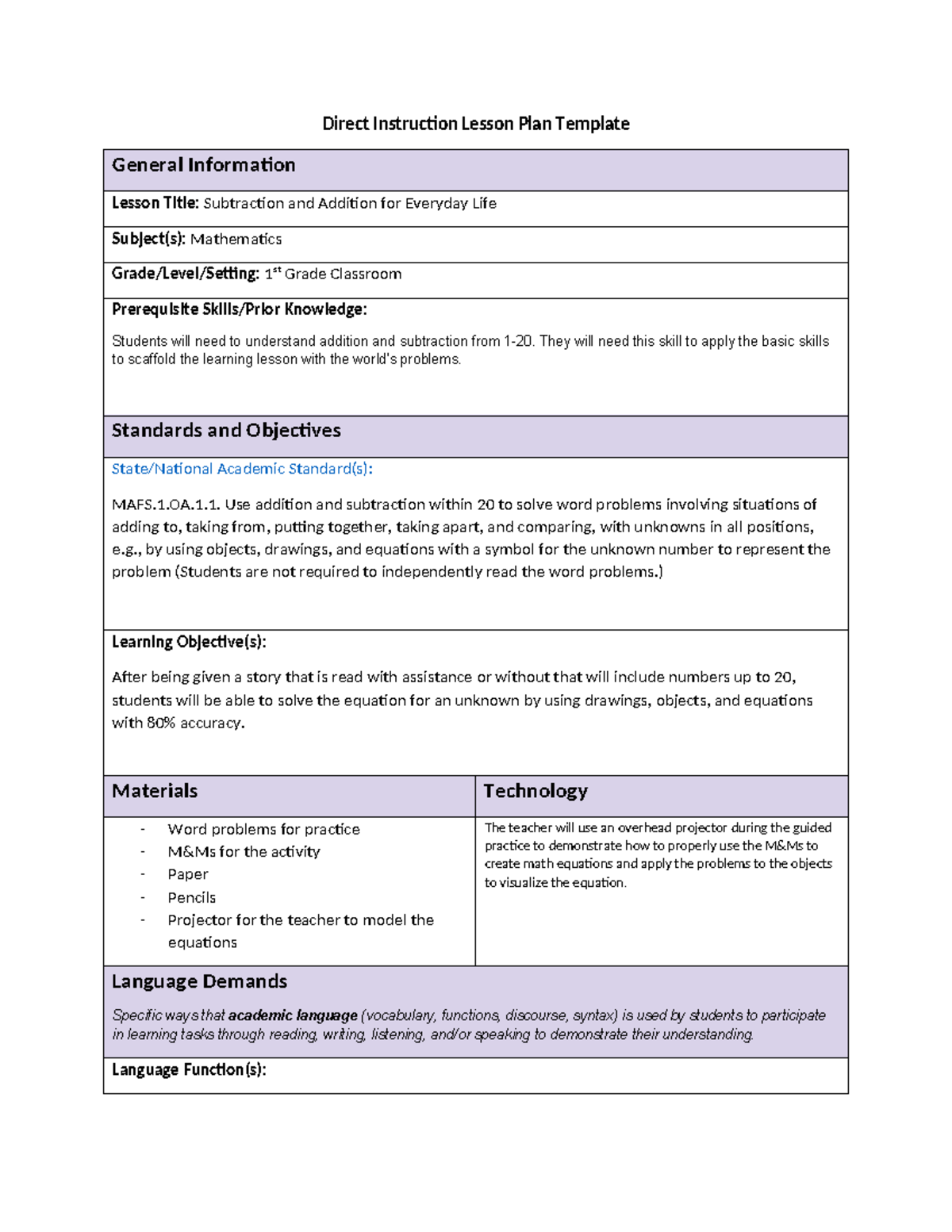 C109 Lesson Plan: Addition & Subtraction in 1st Grade Math - Studocu