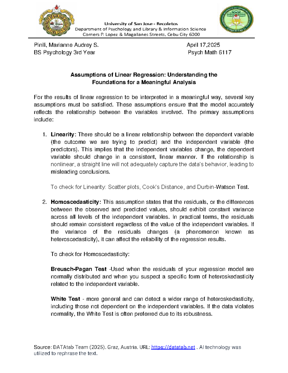 Psych Math 6117: Key Assumptions of Linear Regression Analysis - Studocu