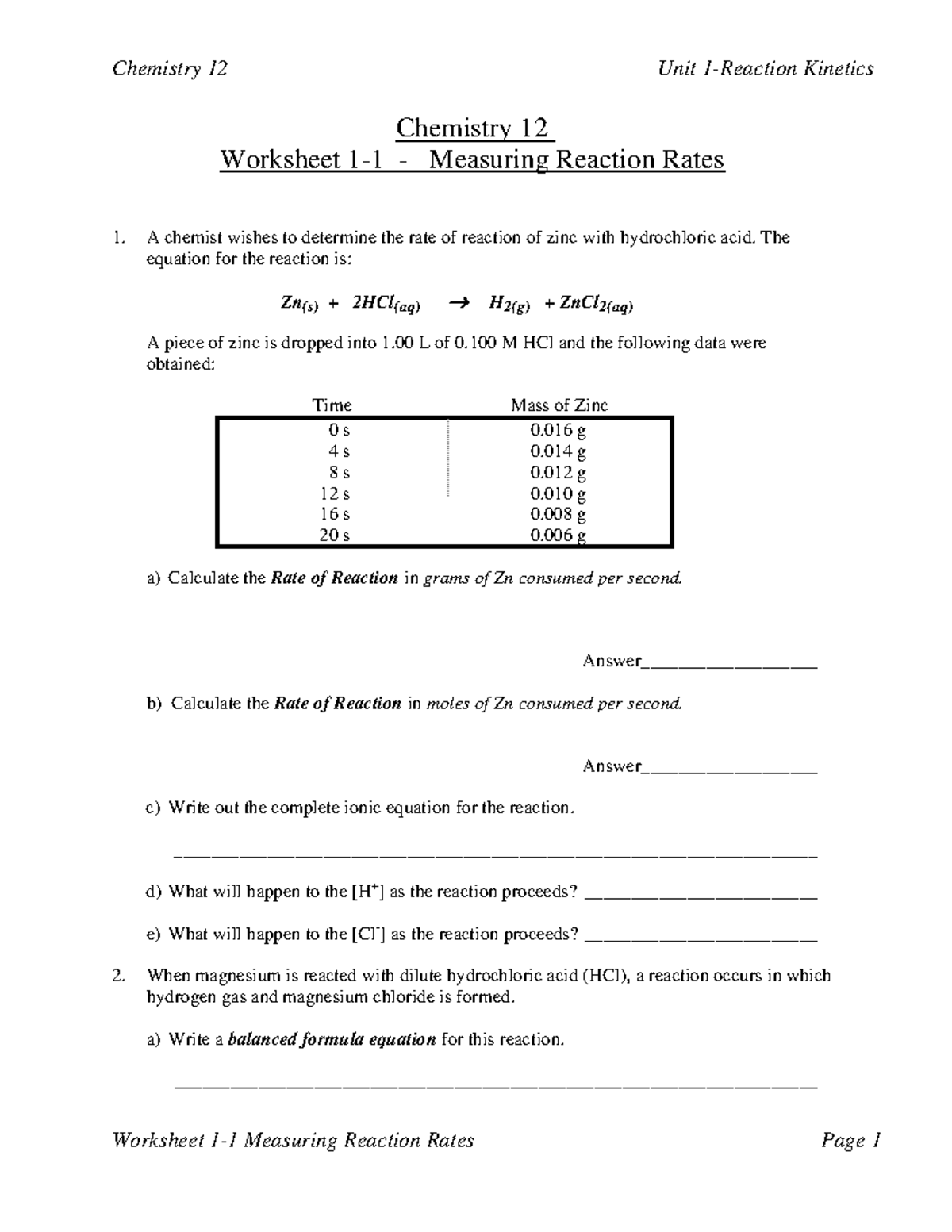 Chemistry 12 Worksheet 1-1: Measuring Reaction Rates Practice - Studocu
