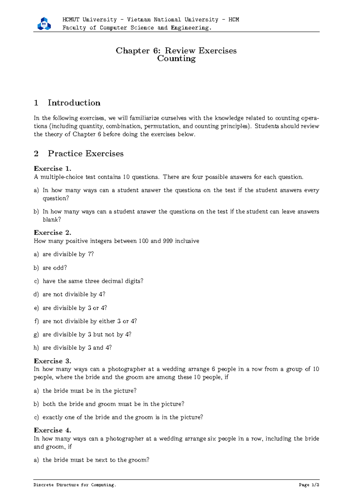 HCMUT CS&E Discrete Structures: Chapter 6 Review Exercises - Studocu