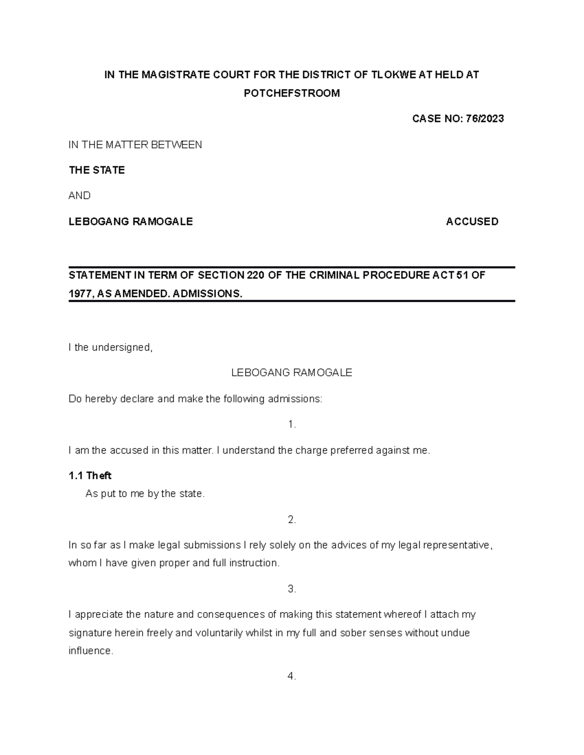 S220 Theft Case Submission Drafting Example and Insights - Studocu