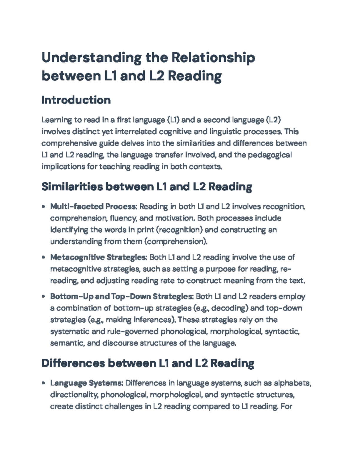 Understanding L1 and L2 Reading: A Comprehensive Guide for Educators ...