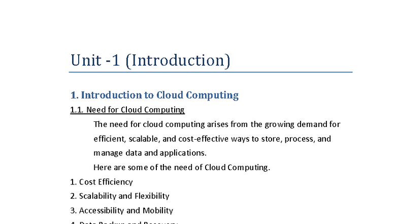 Unit 1: Introduction to Cloud Computing - Key Concepts and Benefits - Studocu