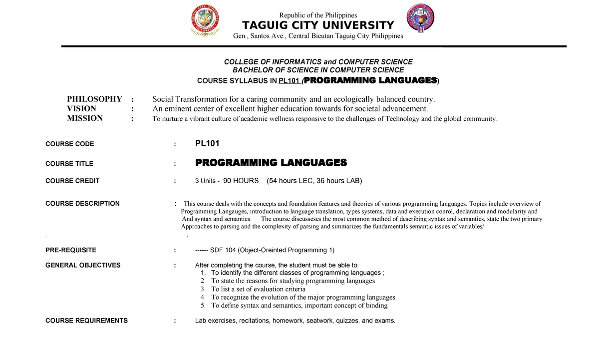 TCU Syllabus PL101: Programming Languages Course Overview and Revisions ...