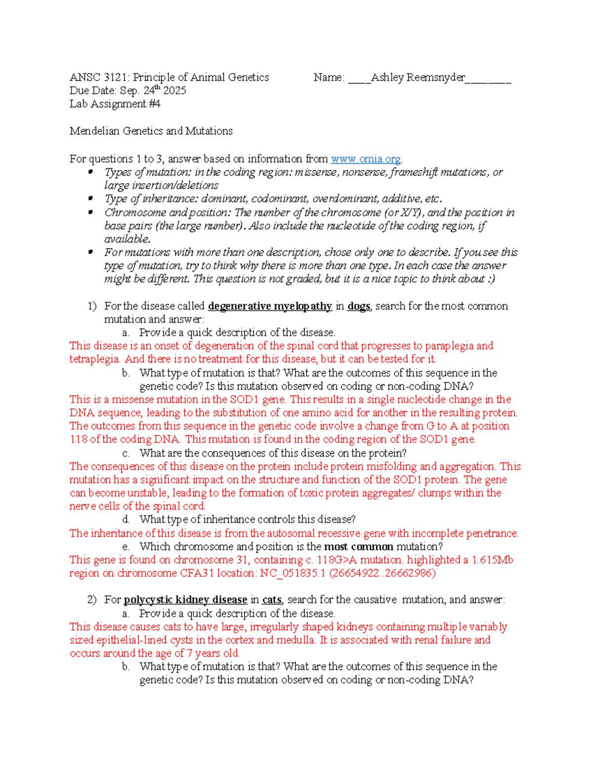 ANSC 3121: Lab Assignment on Mendelian Genetics & Mutations - Studocu