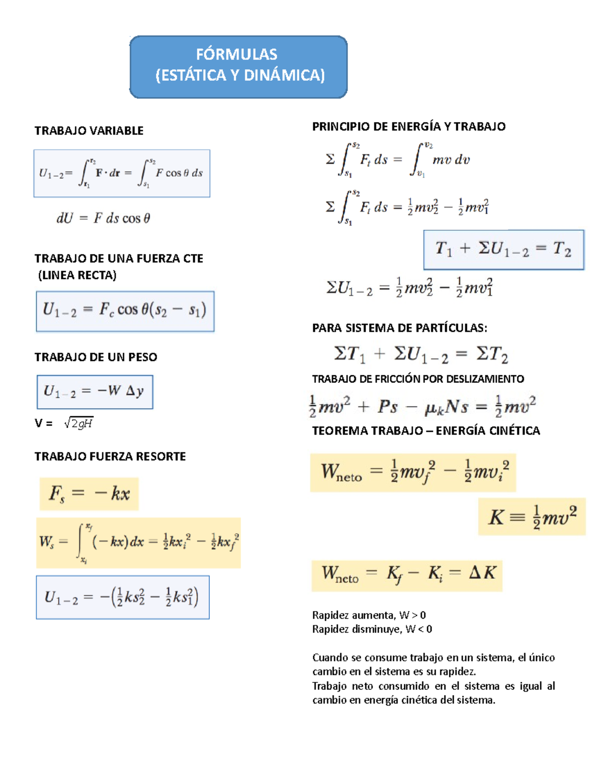 Formulas trabajo y energia - TRABAJO VARIABLE TRABAJO DE UNA FUERZA CTE ...