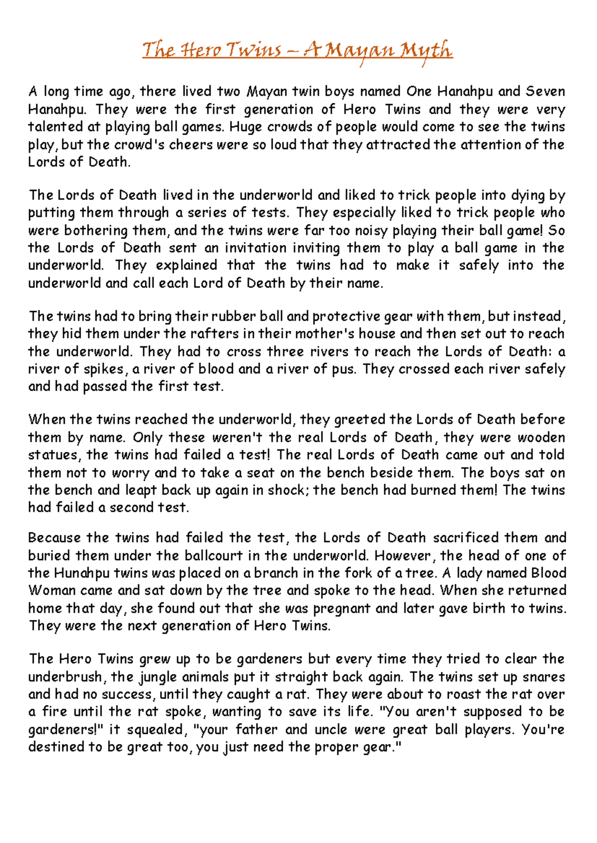 The Hero Twins: A Mayan Myth of Triumph and Trickery - Studocu