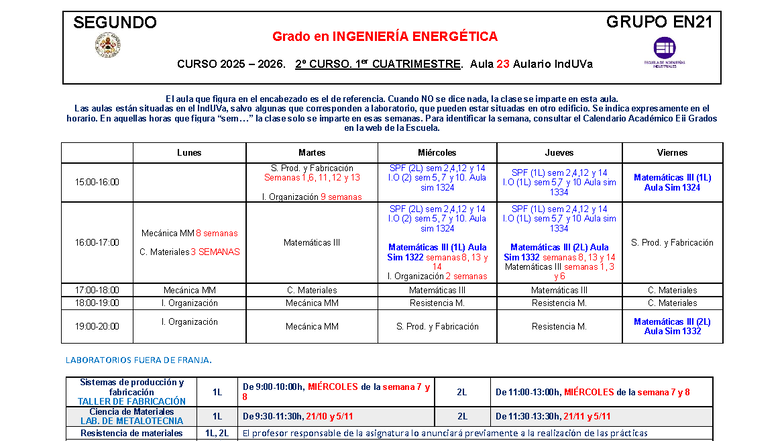 Horario del 2º Curso EN21 en Ingeniería Energética 2025-2026 - Studocu