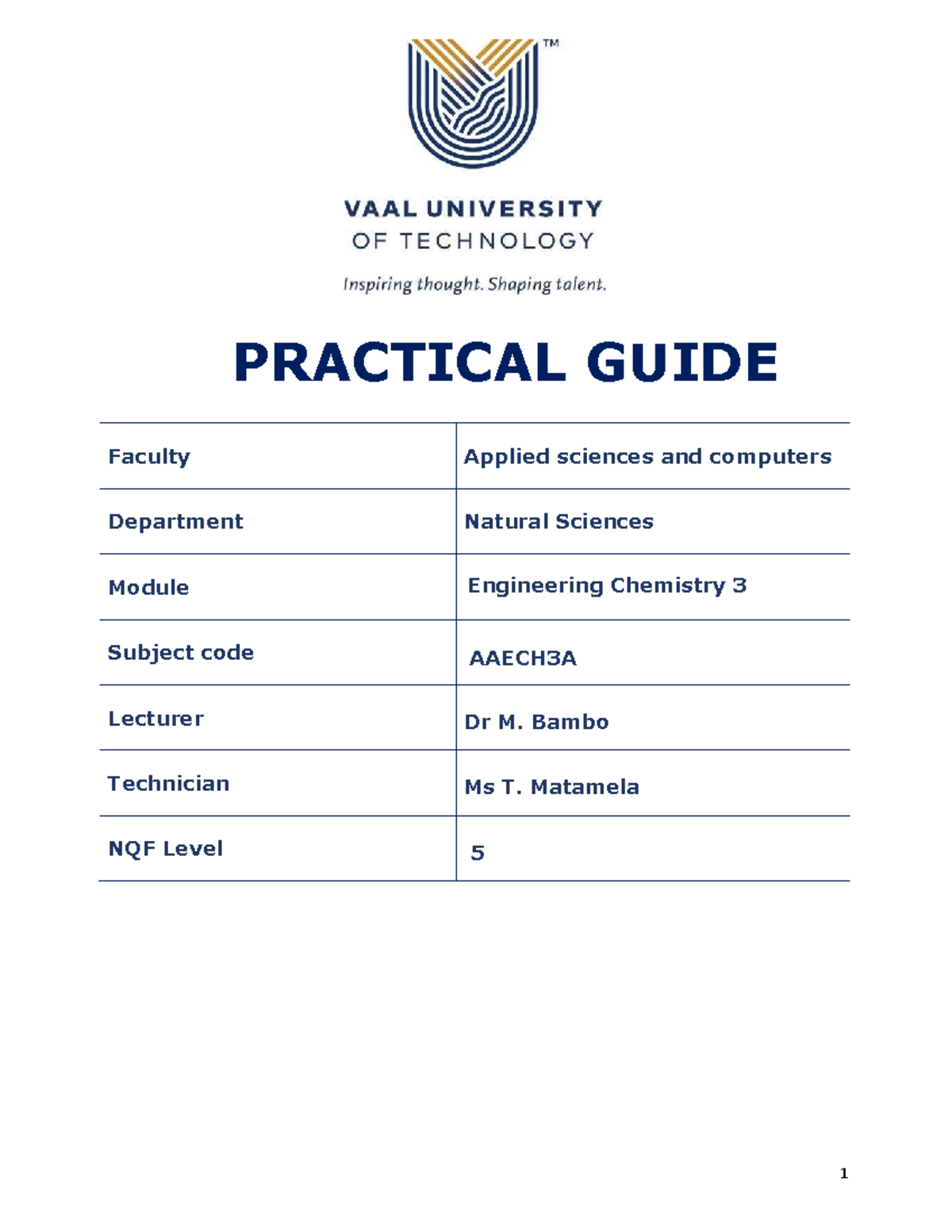Engineering Chemistry 3 Practical Learner Guide-2025- Semester 1 ...