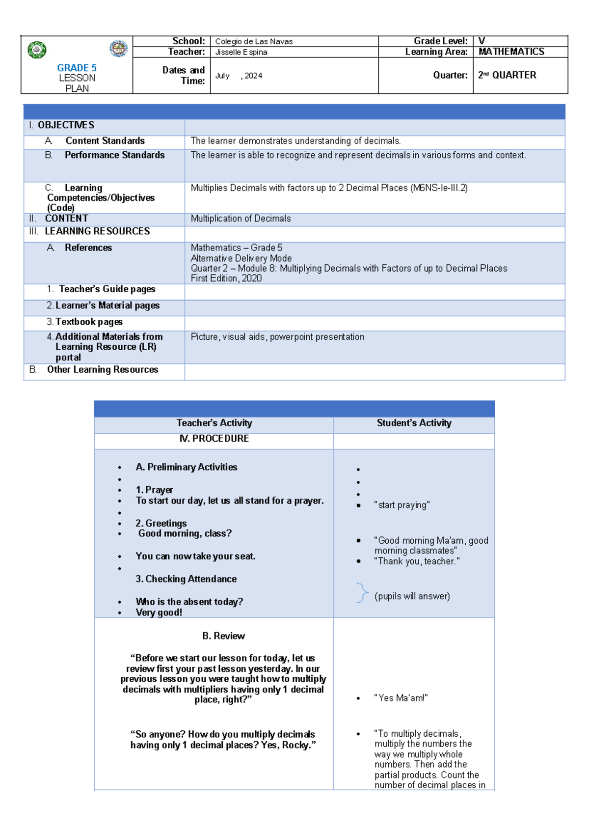 MATH-LP1: Grade 5 Lesson Plan on Multiplying Decimals (2nd Quarter ...