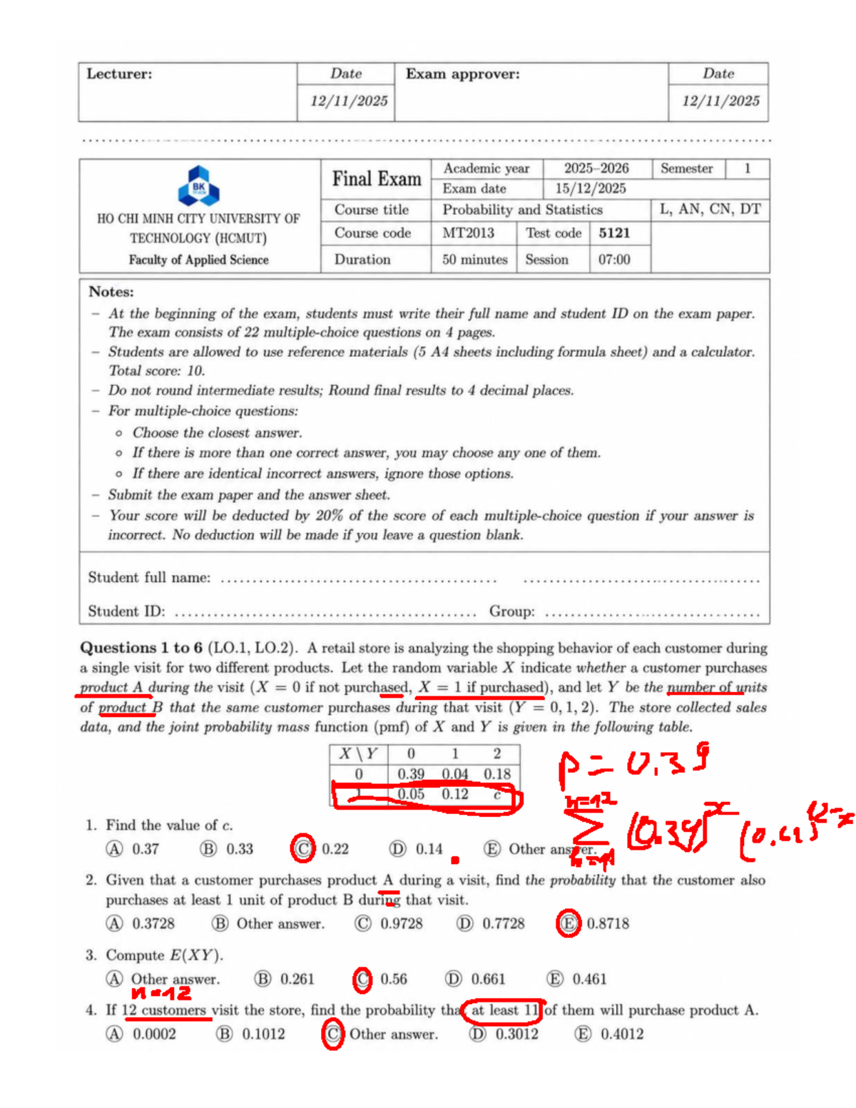 Final Exam MT2013: Probability and Statistics Questions and Solutions ...