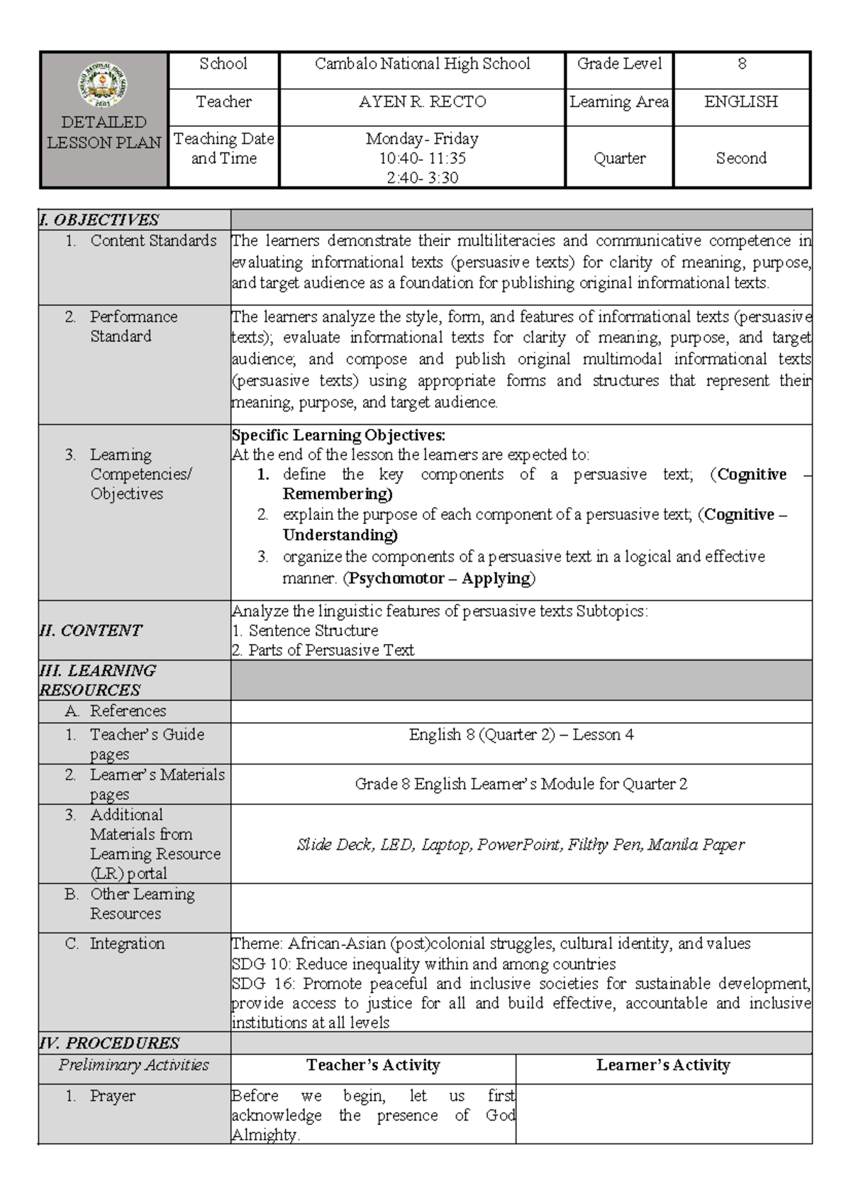 Grade 8 English (ENG 8) Quarter 2 Lesson Plan: Parts of Persuasive Text ...