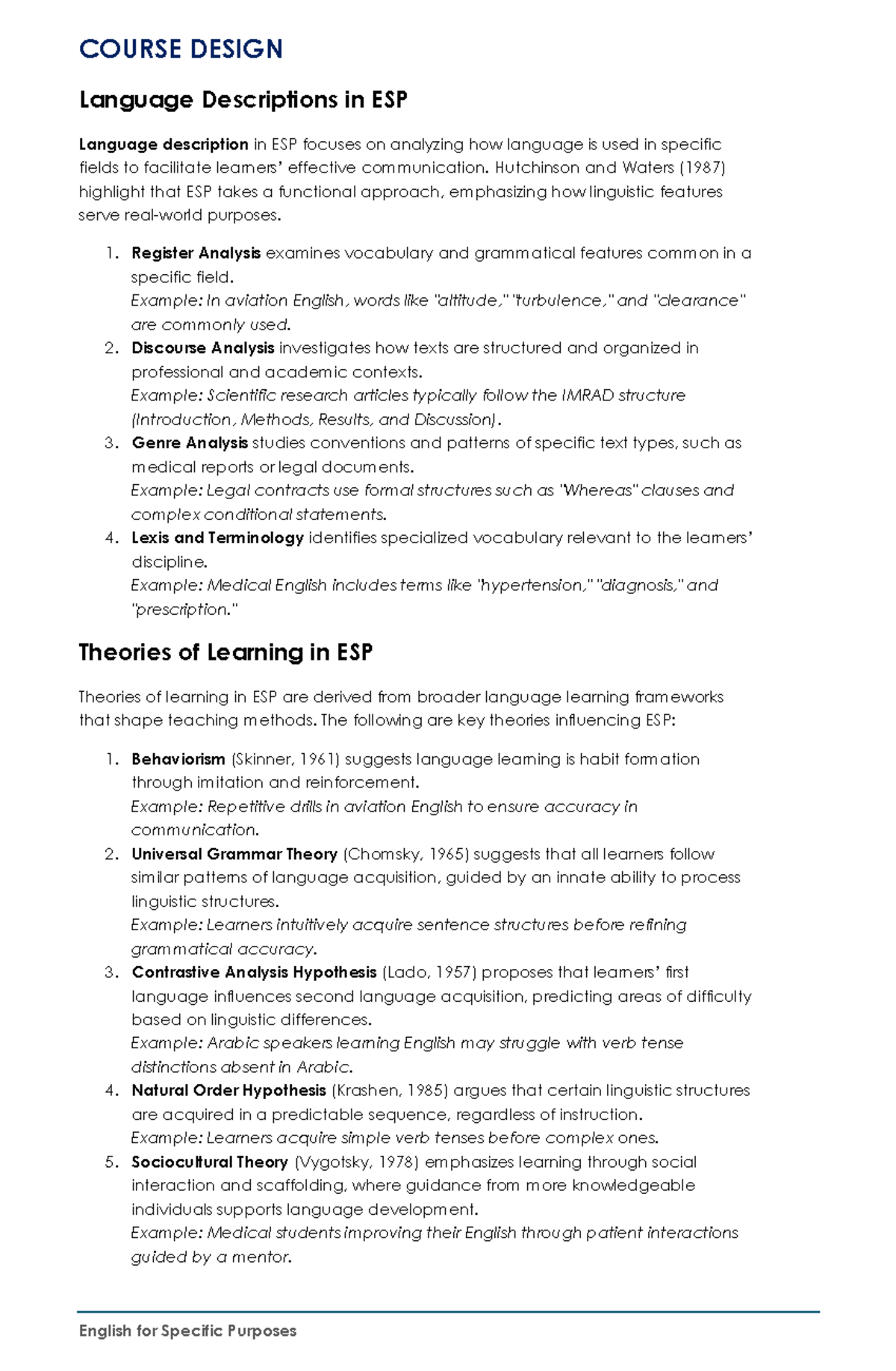 ESP Course Design: Language Descriptions and Learning Theories - Studocu