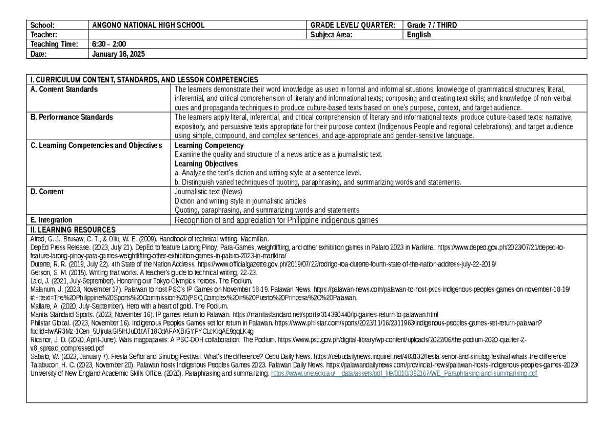 Grade 7 English Lesson Plan - Analyzing Journalistic Texts (Jan 16 ...