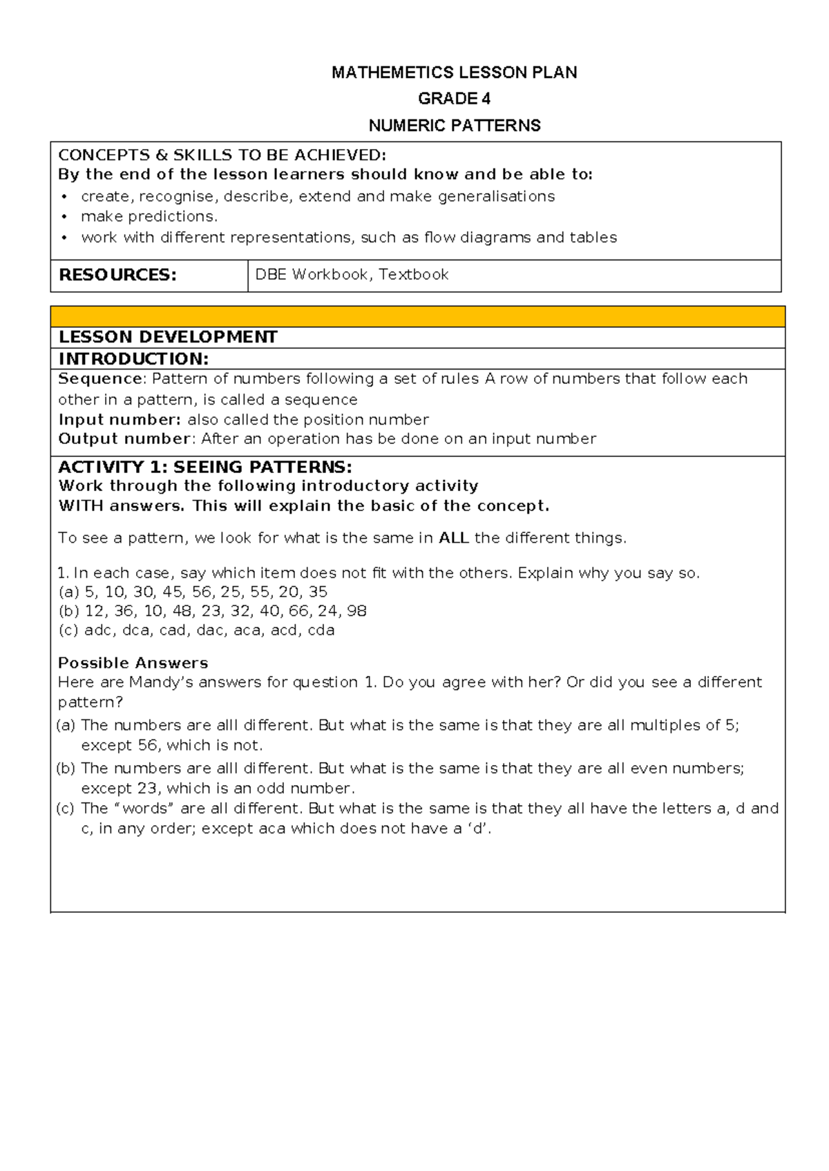 Grade 4 MATHEMATICS TERM 2 - Numeric Patterns Lesson Plan - Studocu