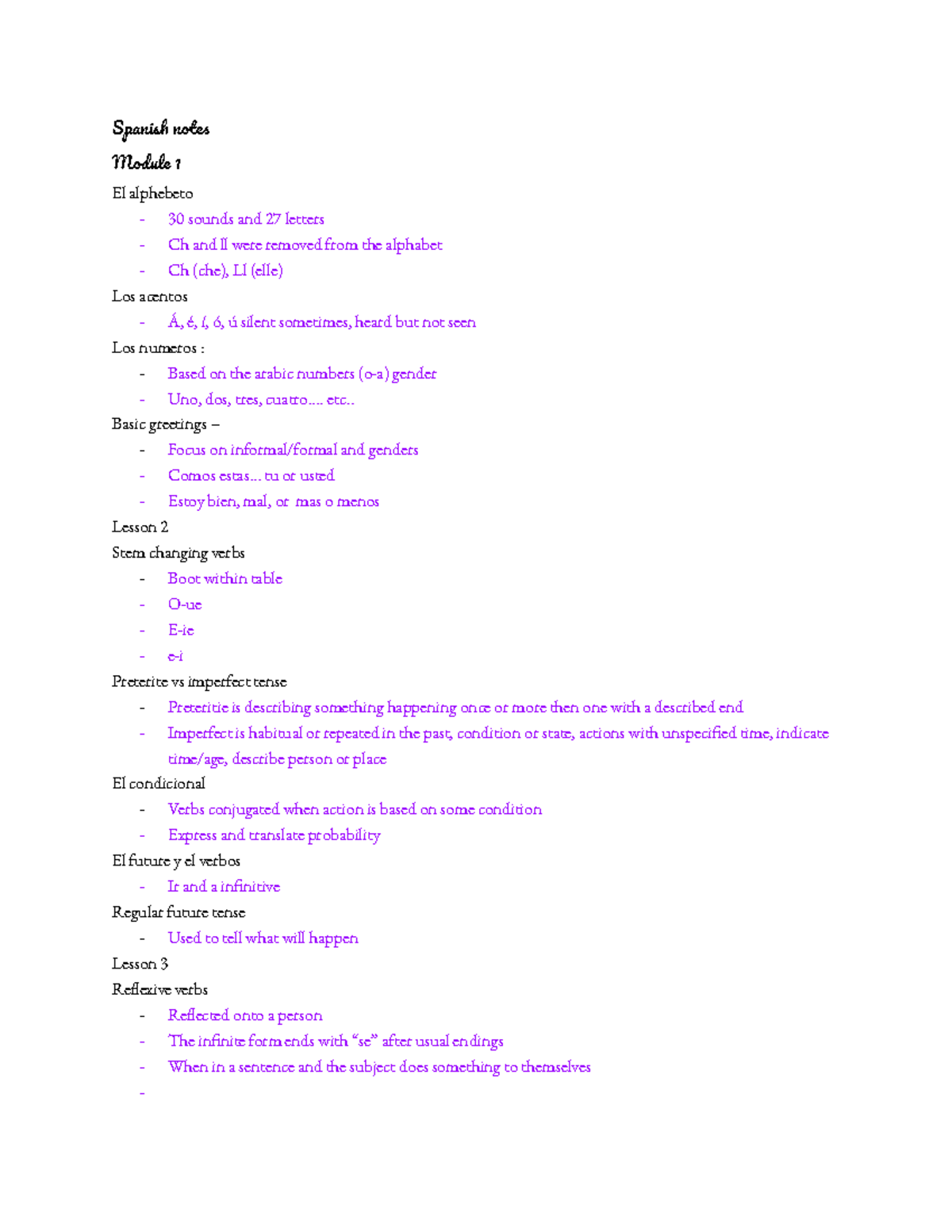 Spanish Notes: Module 1 - Alphabet, Verbs, and Tenses Overview - Studocu