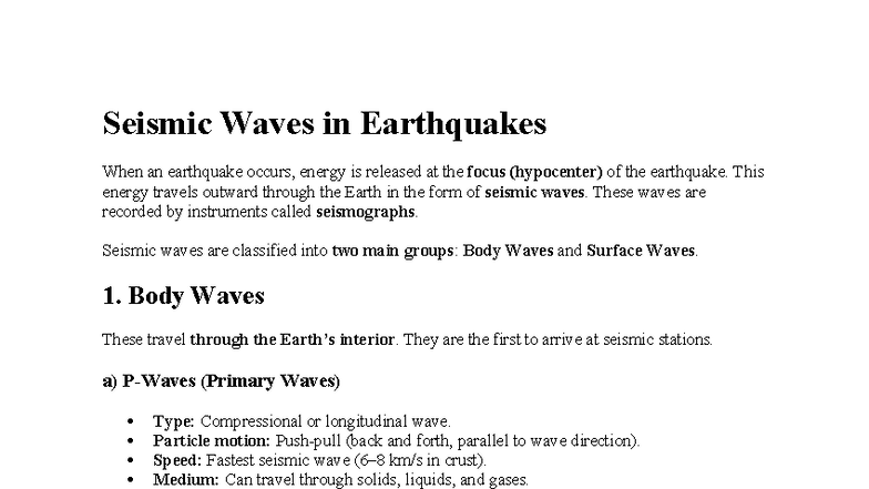 Seismic Waves in Earthquakes: Body & Surface Wave Analysis - Studocu