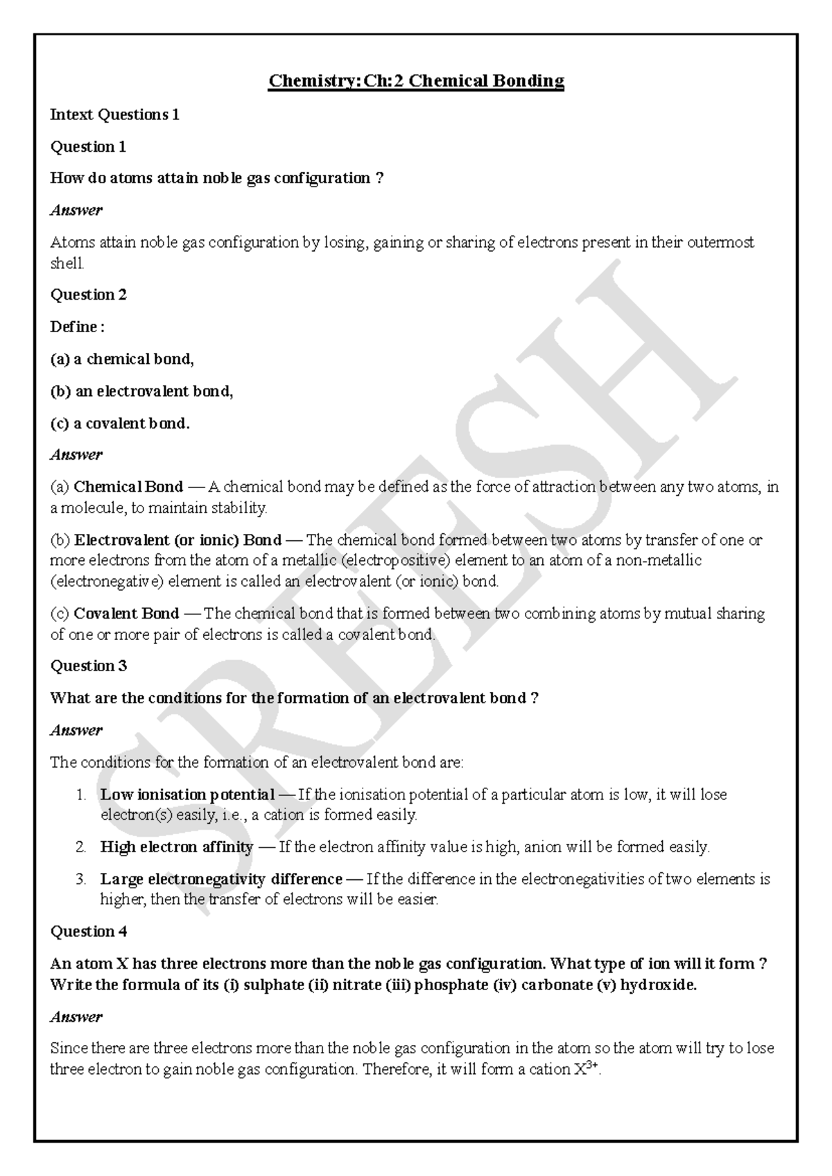 Chemistry: Ch 2 Chemical Bonding Intext Questions and Answers - Studocu