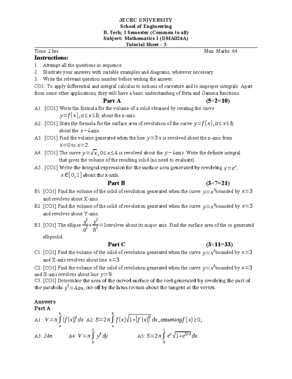 Tutorial Sheet 3 for Mathematics I (DMA024A) - B. I Semester - Studocu