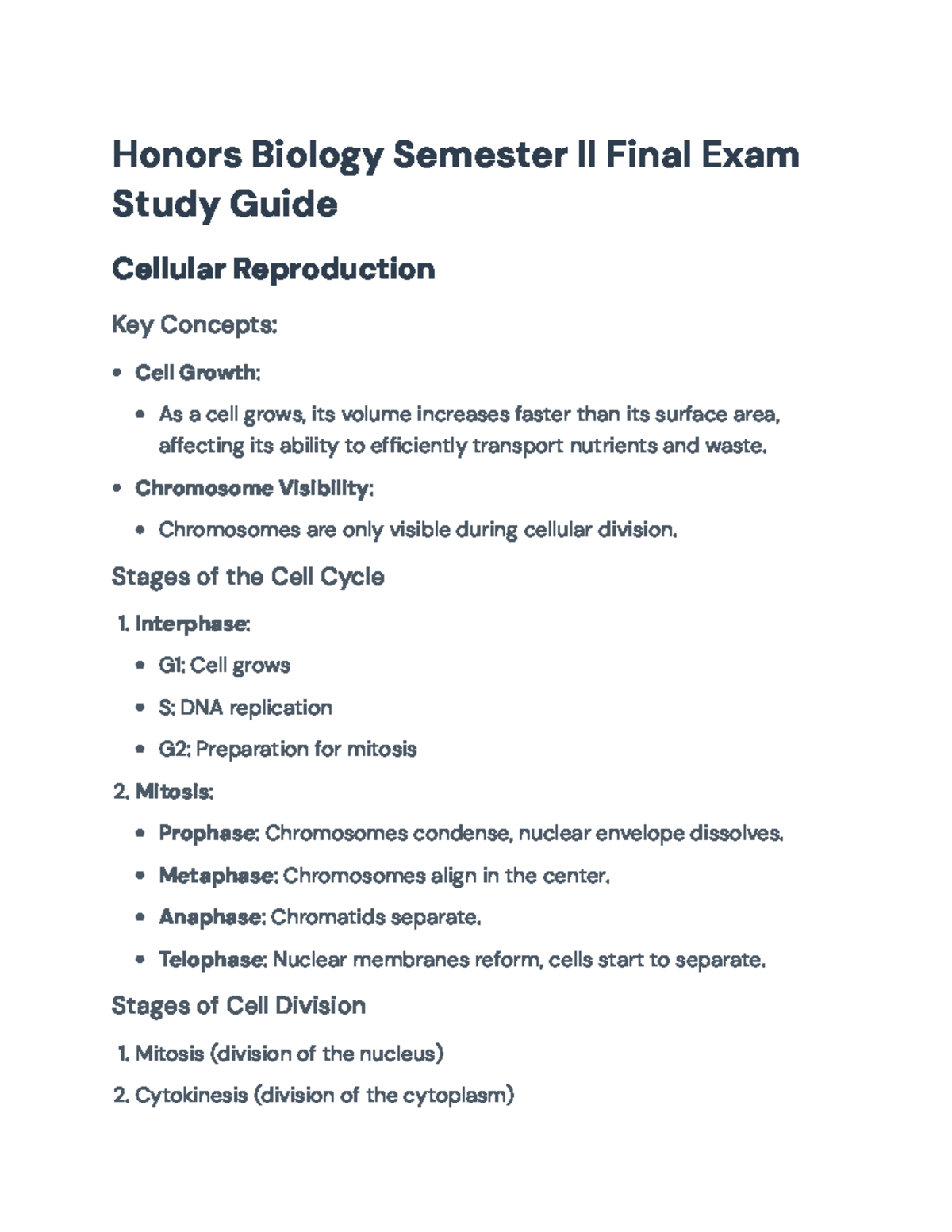 Honors Biology II Final Exam Study Guide: Cellular Reproduction & Genetics - Honors Biology ...