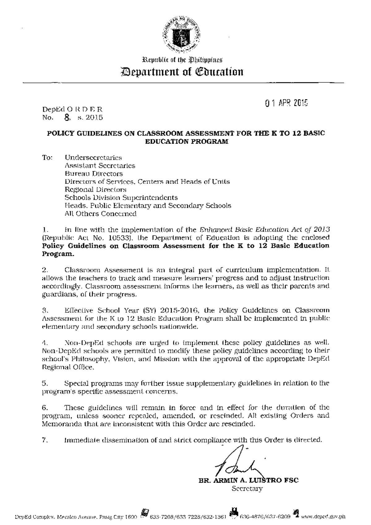 DepEd Order No. 8, S. 2015: Classroom Assessment Guidelines for K to 12 ...