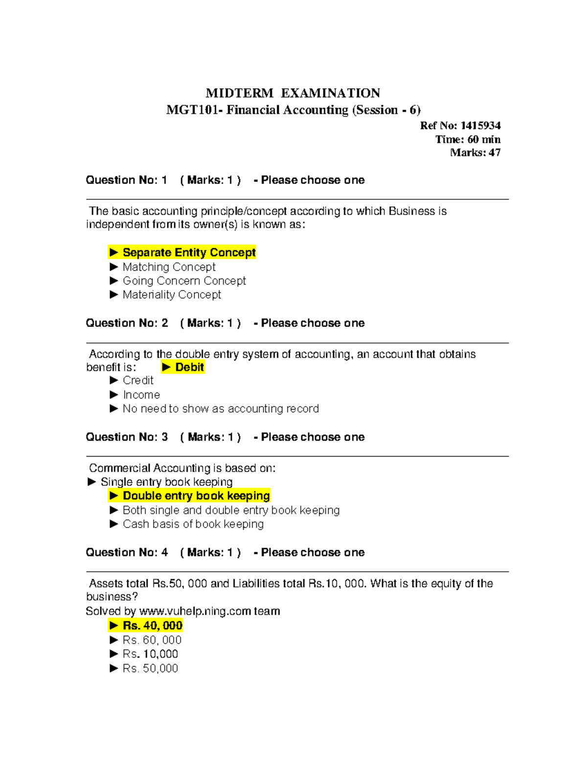 MGT101 Midterm Exam: Financial Accounting Questions & Answers - Studocu