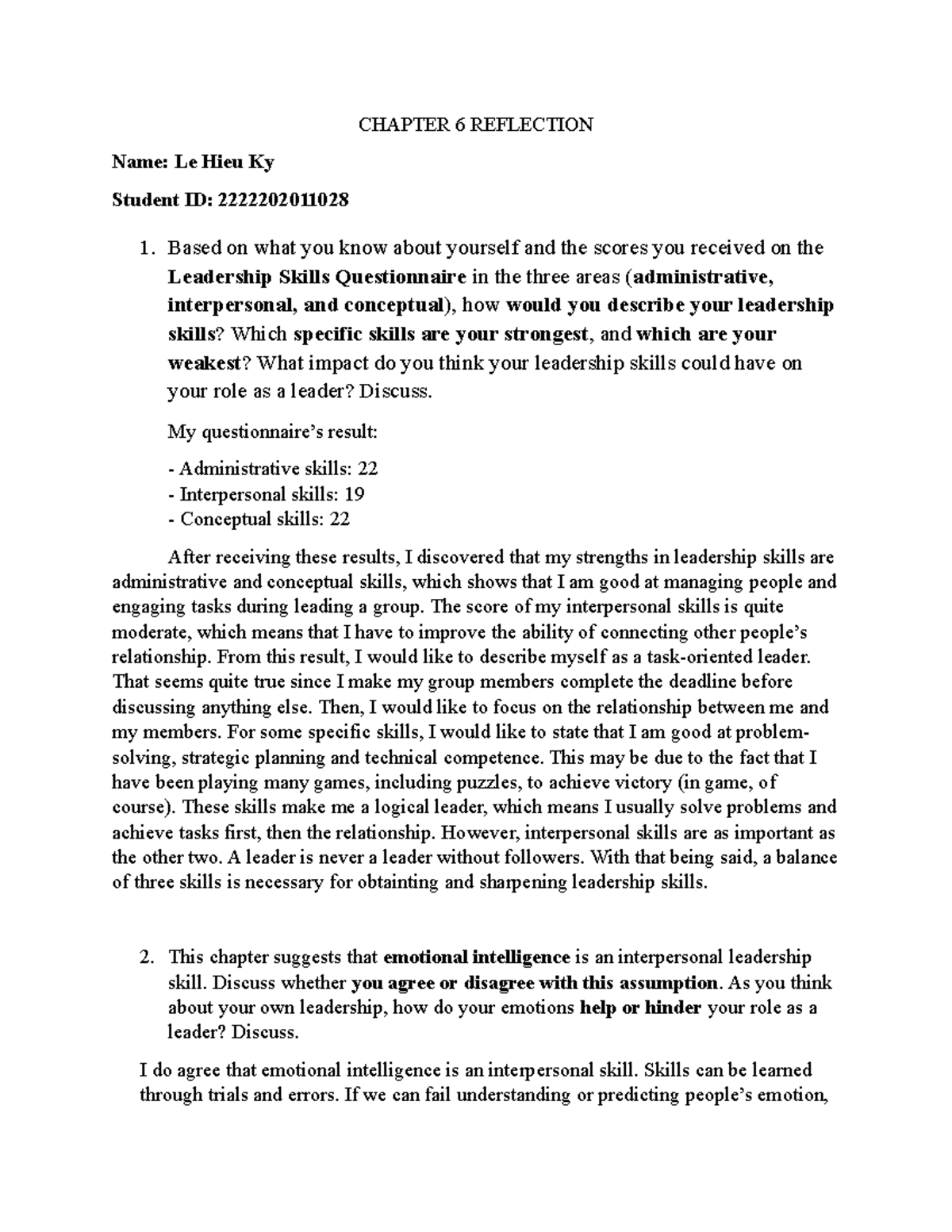 CHAPTER 6 REFLECTION: Analyzing My Leadership Skills - Studocu