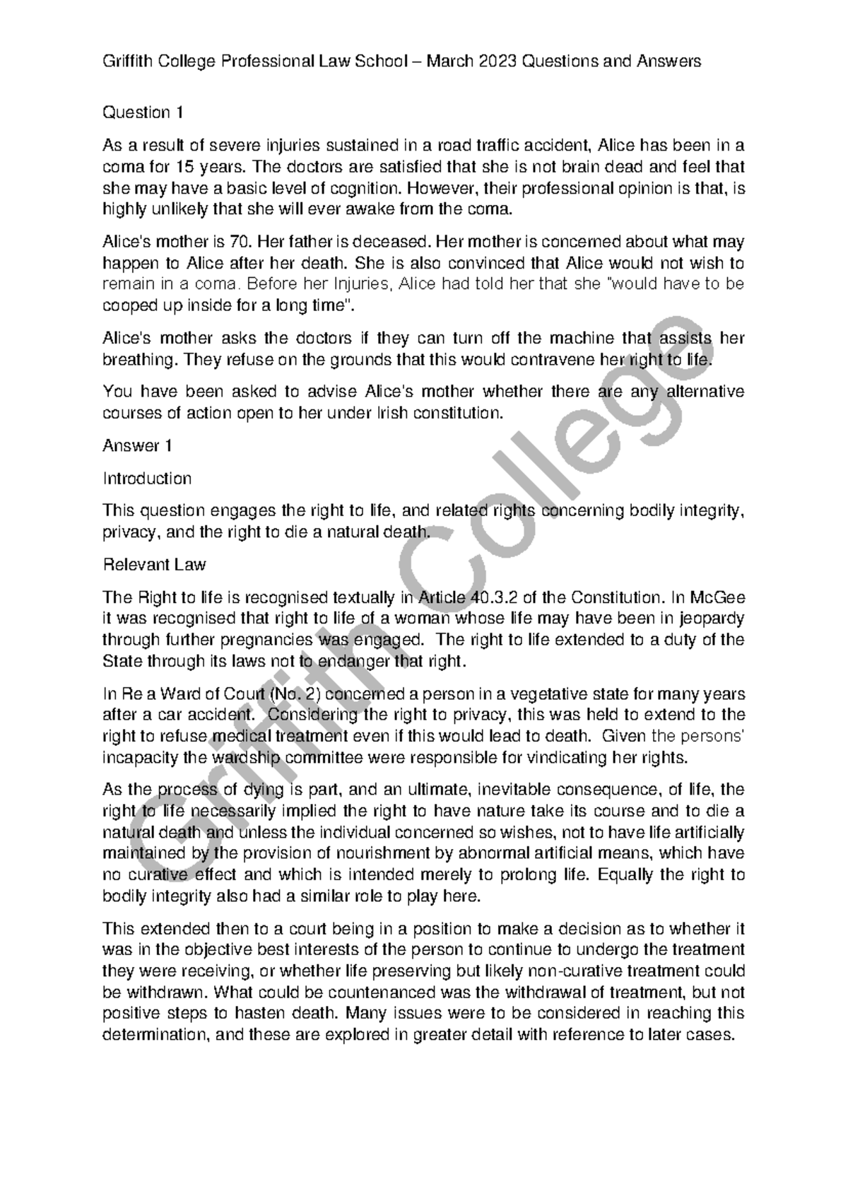 Griffith College Professional Law School March 2023 Past Paper ...