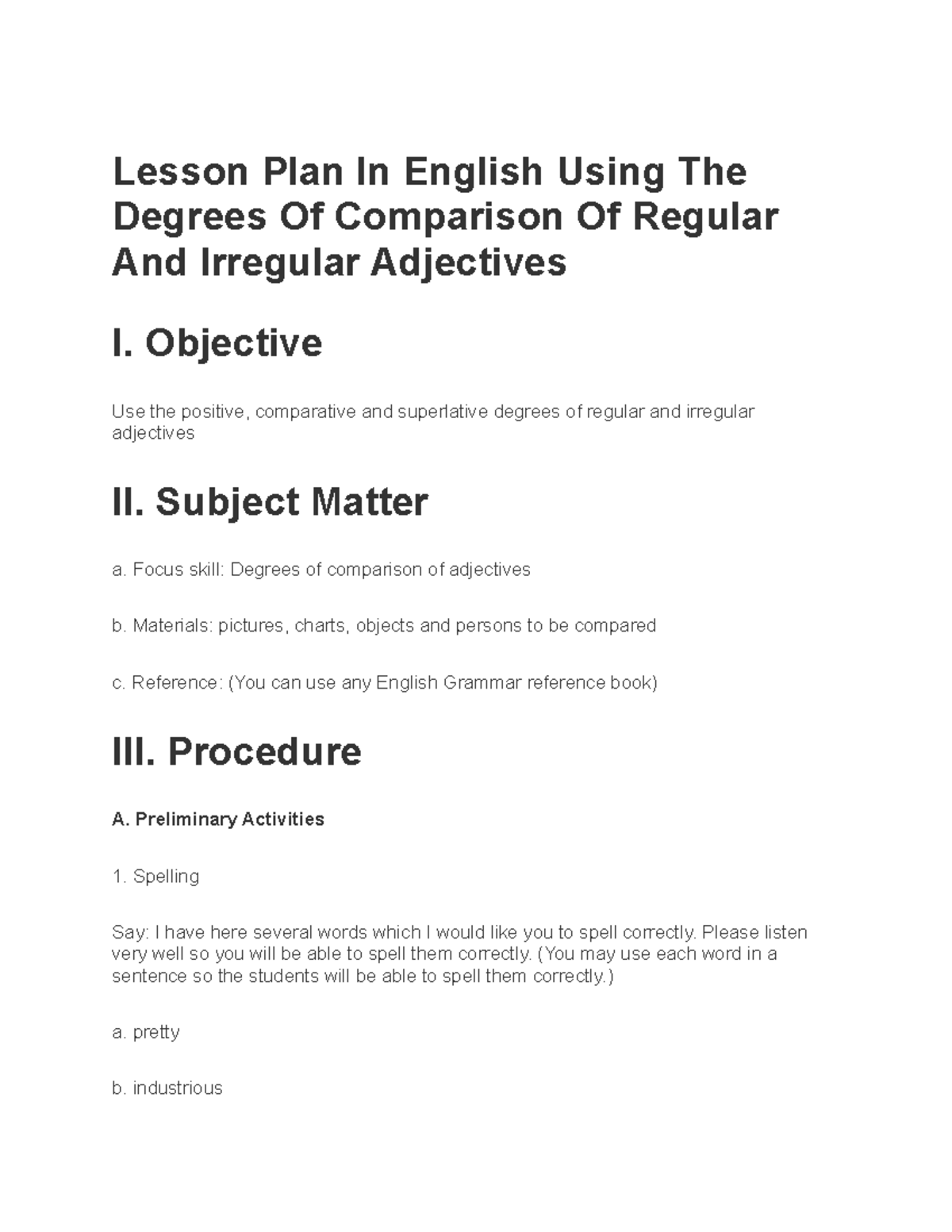 Lesson Plan english 4 - Lesson Plan In English Using The Degrees Of ...