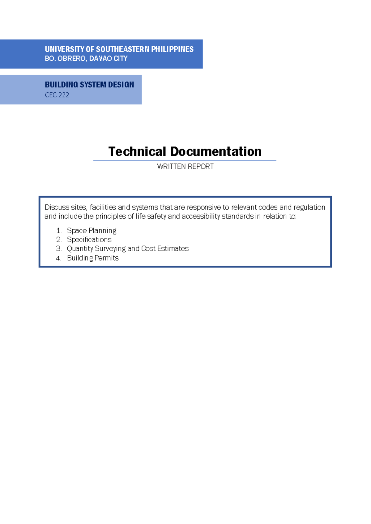 CEC222 Technical Documentation on Building System Design - Studocu