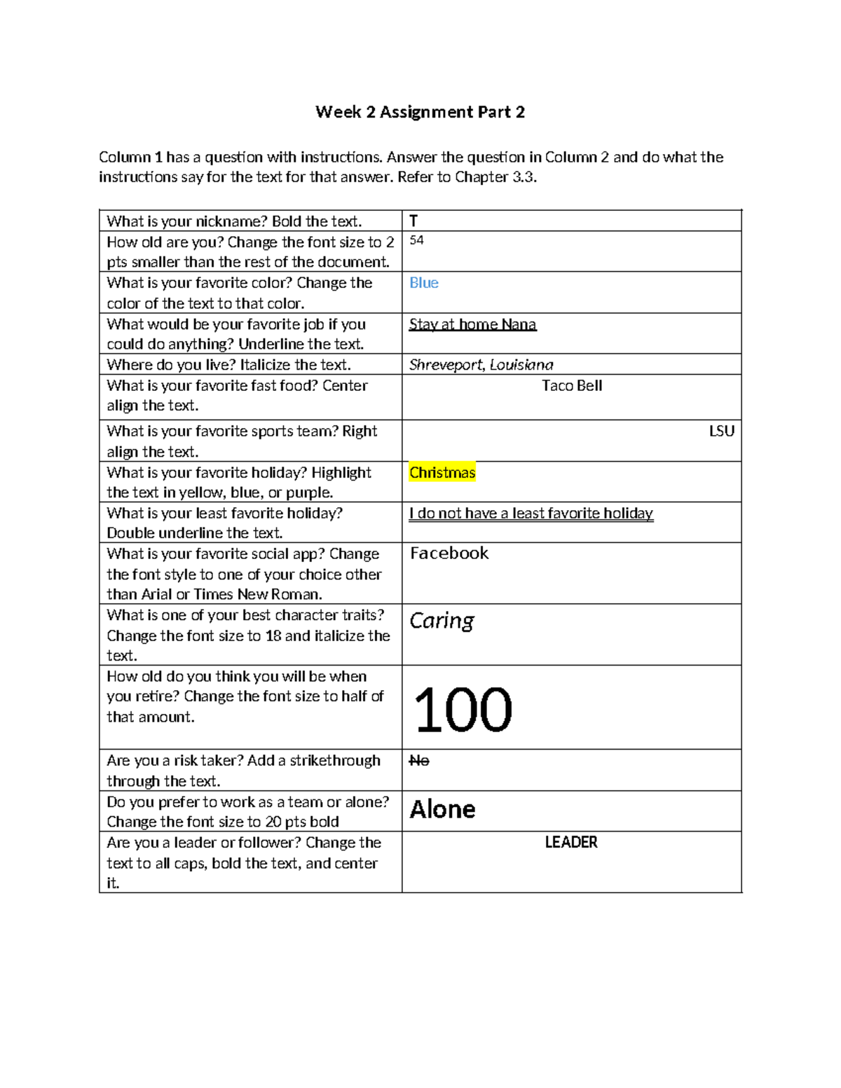 W2 Assignment Part 2: Formatting Responses & Personal Info - Studocu