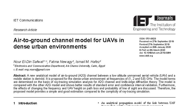 IET Communications Research: UAV Channel Model in Urban Areas - Studocu