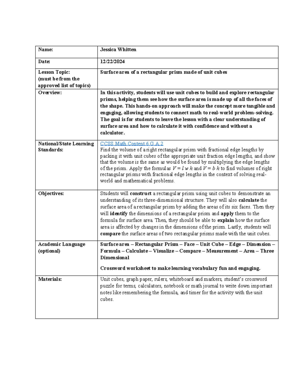 MAT-151 Lesson Plan Template - Name: Jessica Whitten Date: 12/22 ...
