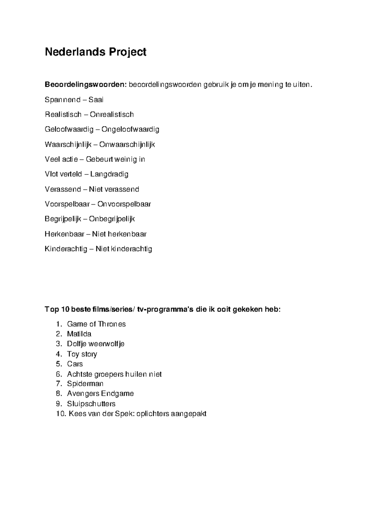 Nederlands Project: Beoordelingswoorden en Top 10 Films/Series ...