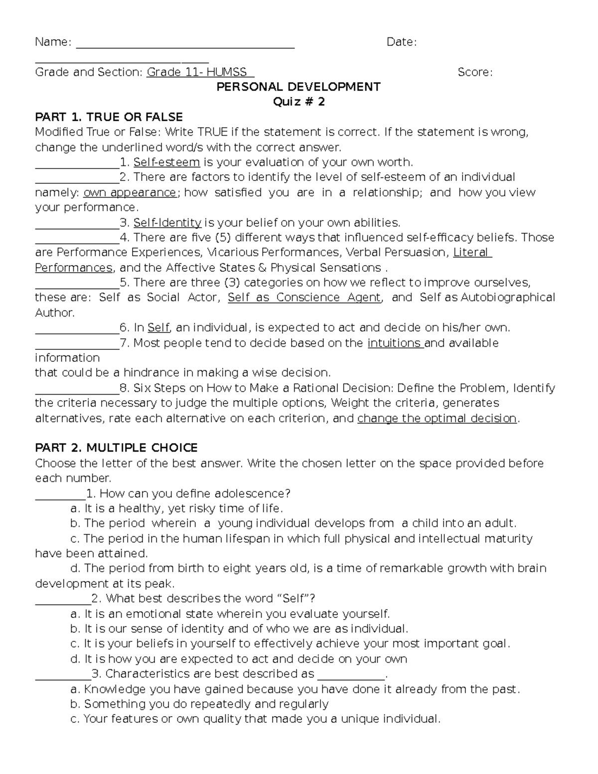 Personal Development - Grade 11 HUMSS Quiz #2 on Self-Knowledge - Studocu