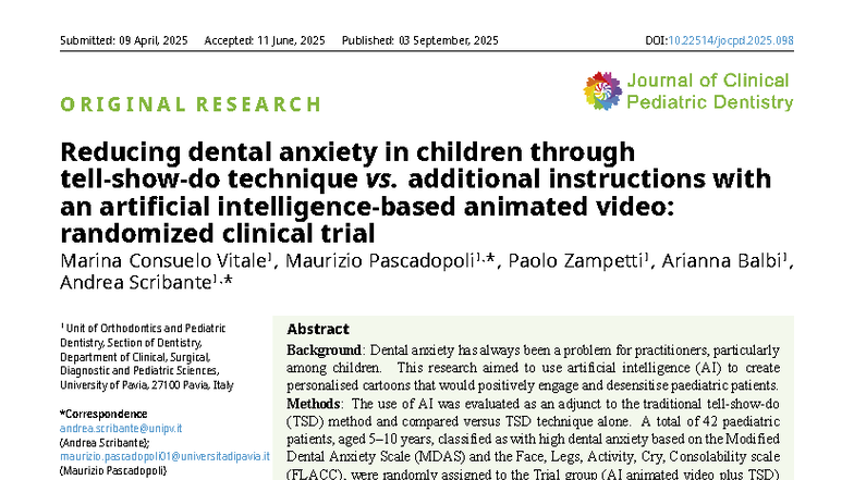 Jocpd 2025: Reducing Dental Anxiety in Children via AI Animation - Studocu