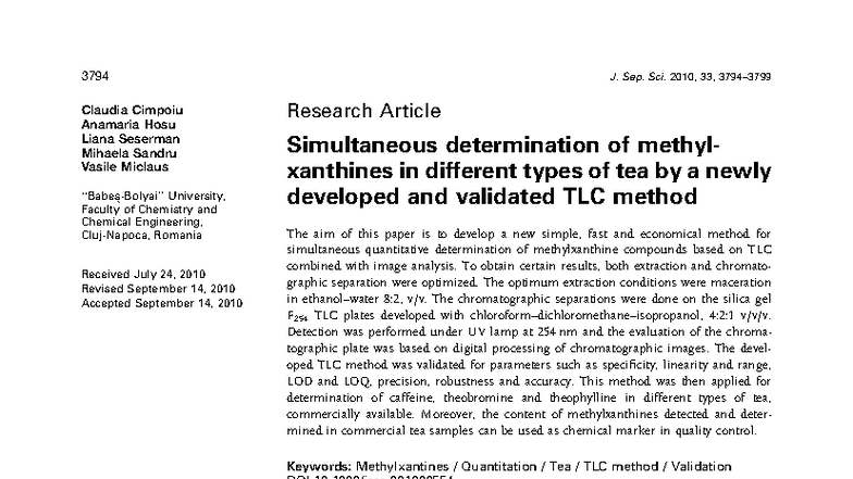 TLC Method for Simultaneous Determination of Methylxanthines in Tea ...