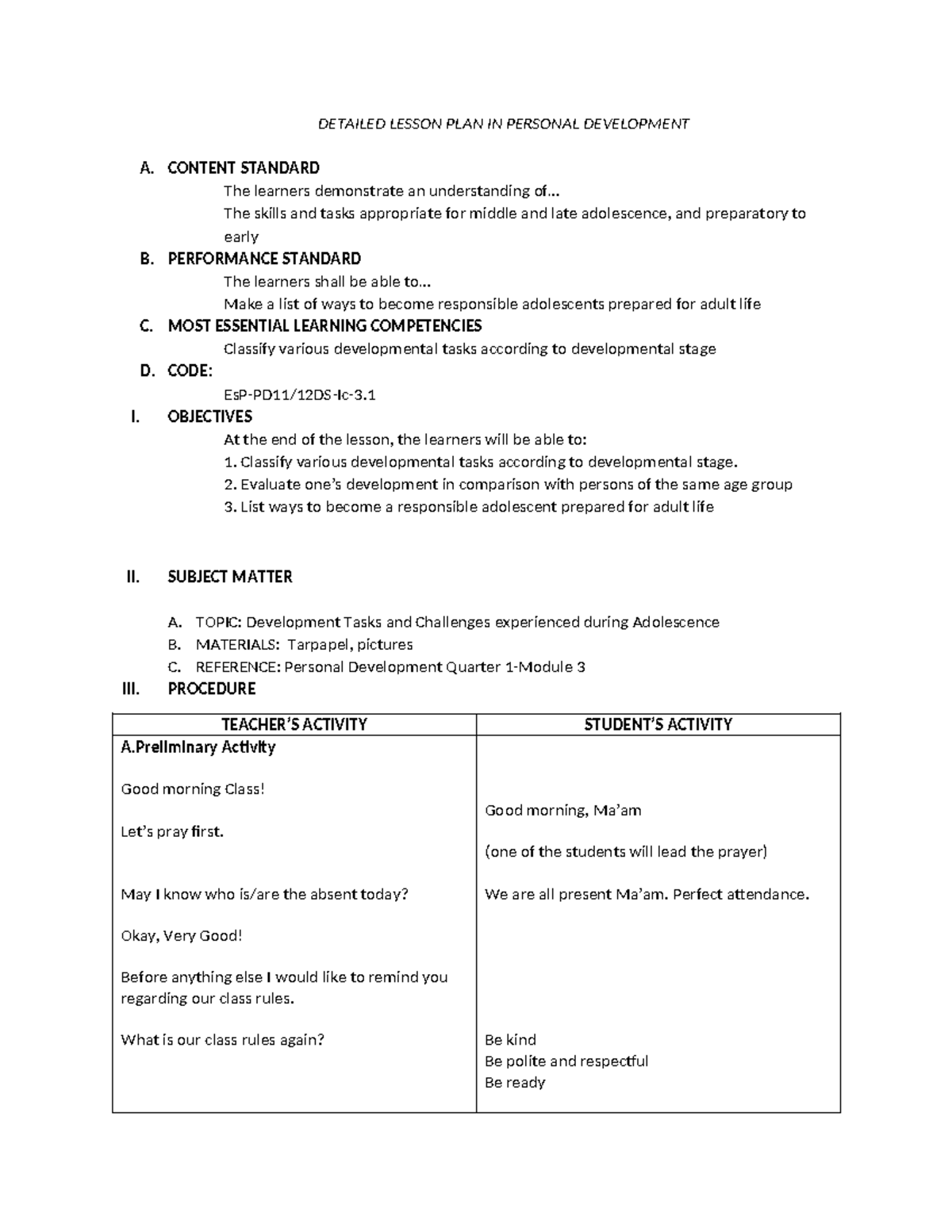 Detailed Lesson Plan: Personal Development (EsP-PD11/12DS-Ic-3) - Studocu