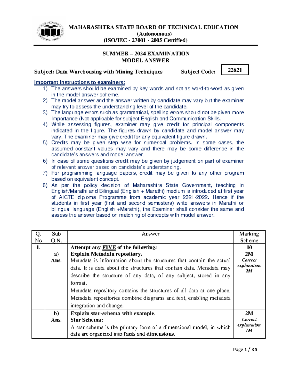 Model Answer for Data Warehousing with Mining Techniques (22621 ...
