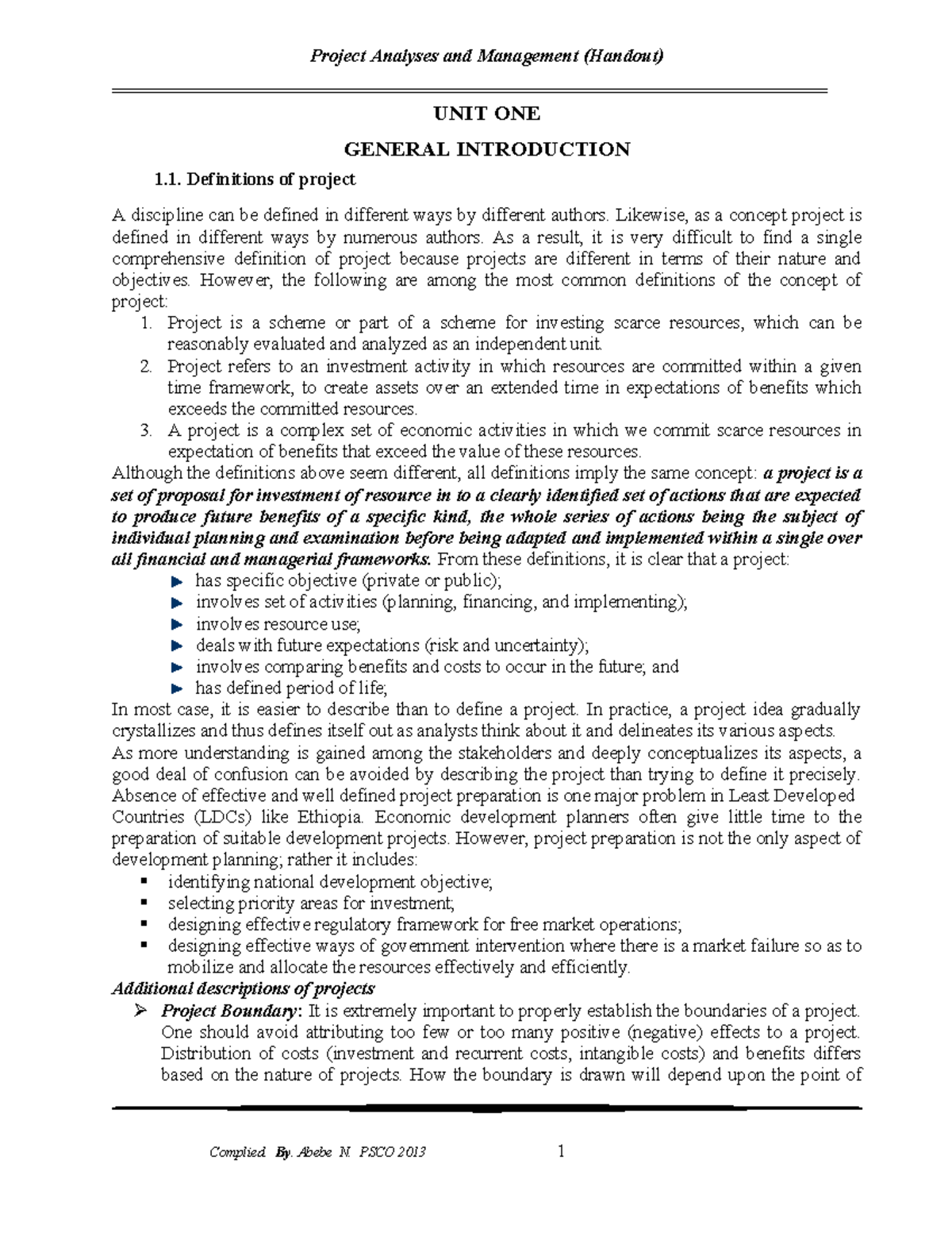 Project Analysis and Management Handout - - Studocu