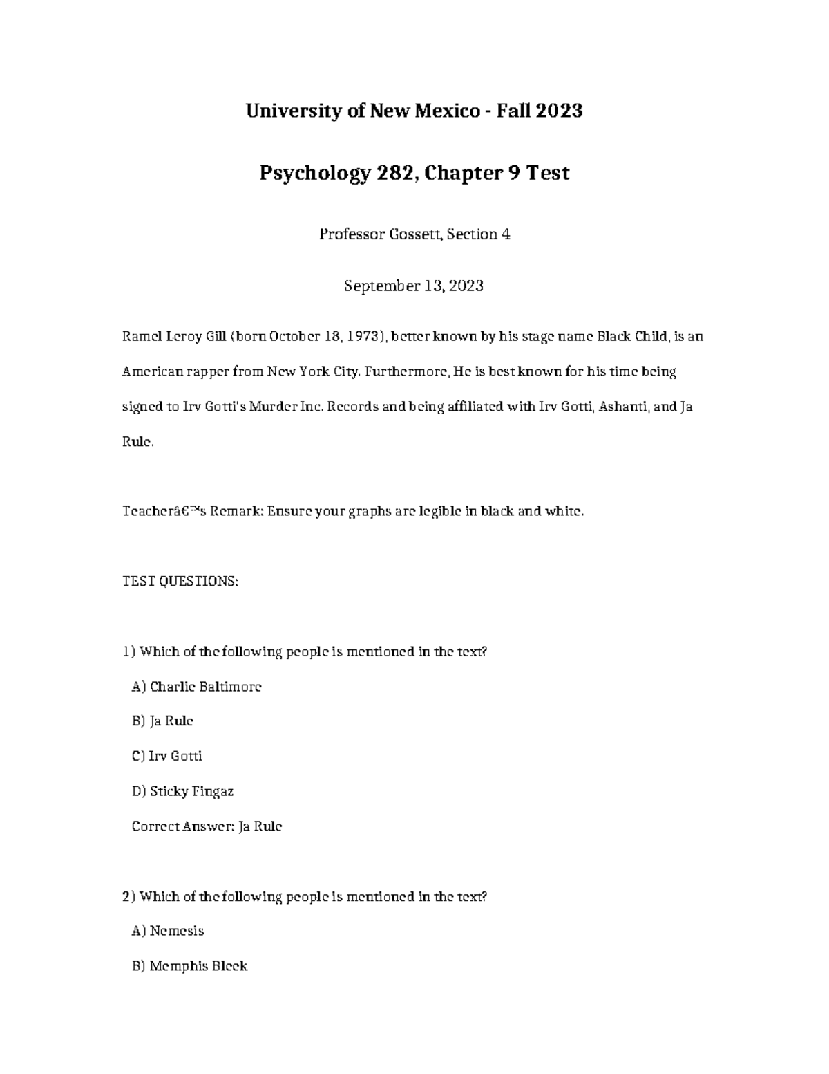 Psychology 282 Fall 2023 Chapter 9 Test Review - Studocu
