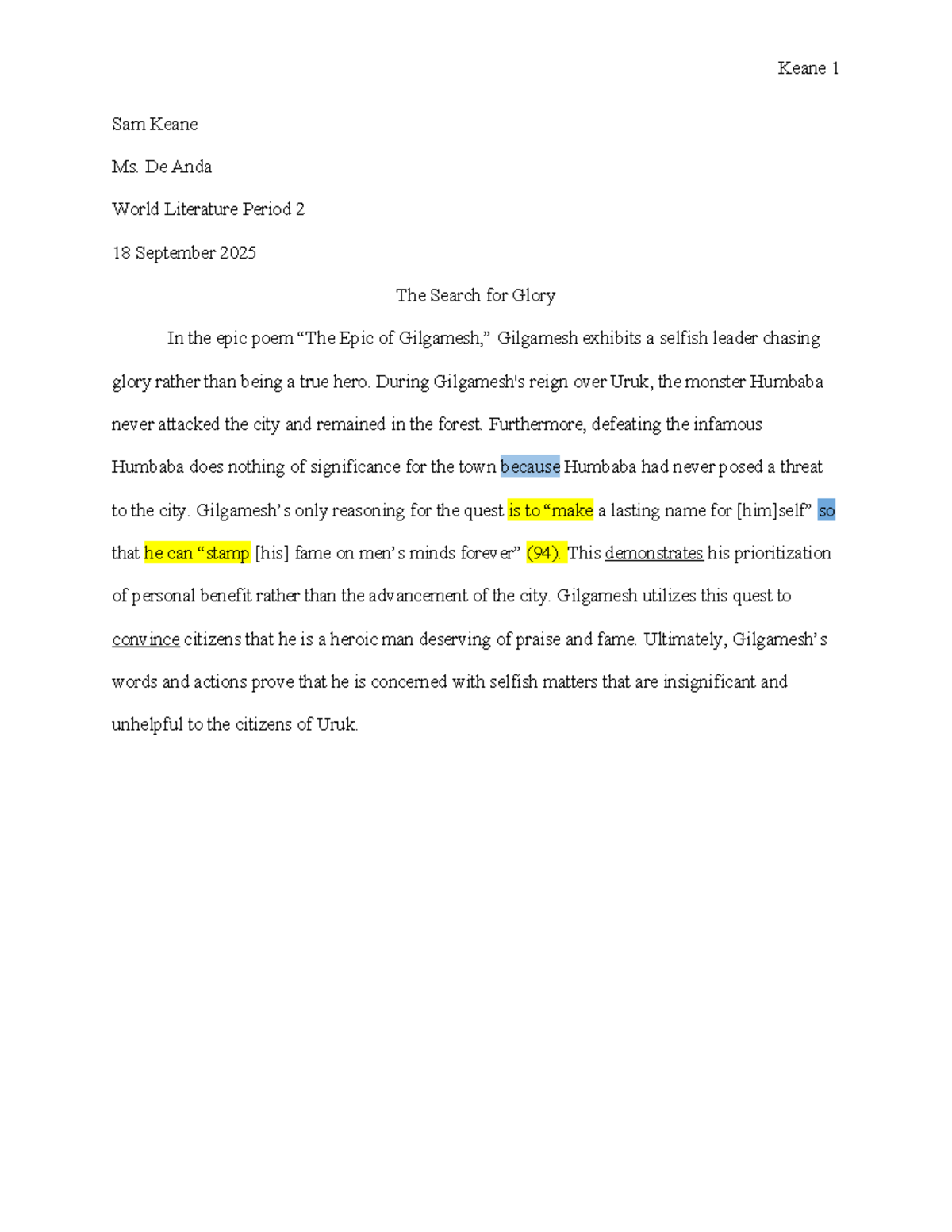 World Literature: Close Reading of Gilgamesh's Quest for Glory - Studocu