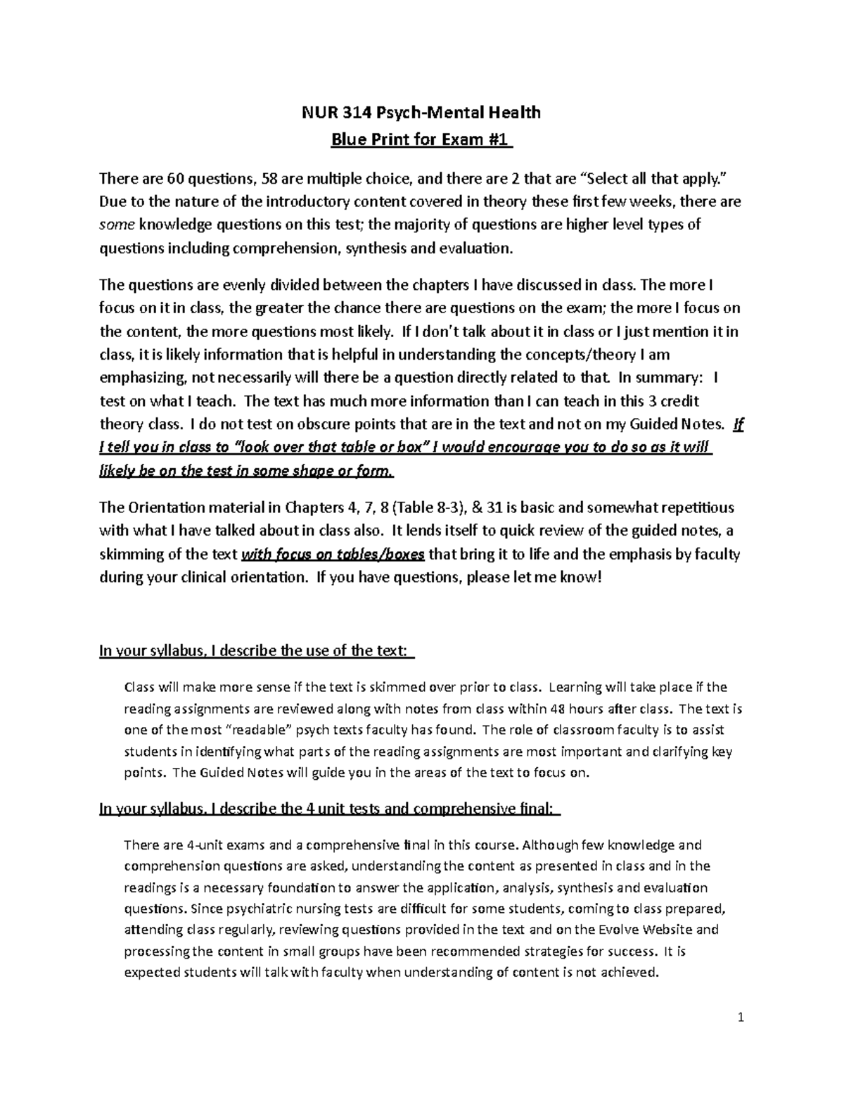 NUR 314 Exam 1 Study Guide: Key Concepts in Psych-Mental Health - Studocu