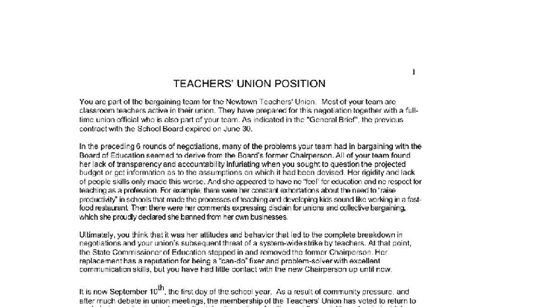Newtown Union Bargaining Team Position Report: Negotiation Strategies ...