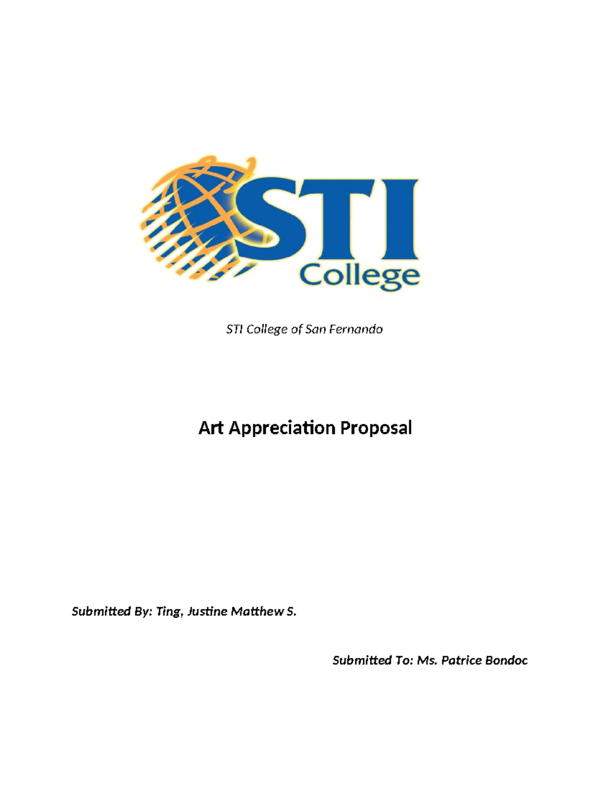 Art Appreciation Proposal (Finals) - Ting, Justine Matthew S - Studocu