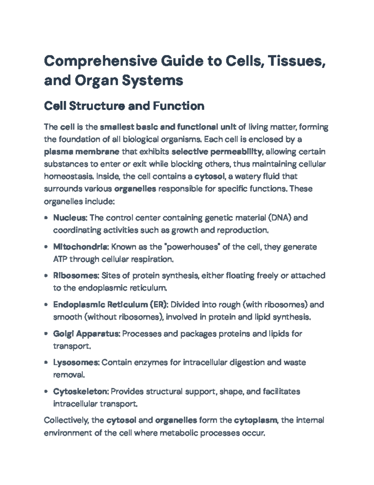 Comprehensive Guide to Cells, Tissues, and Organ Systems in A&P - Studocu
