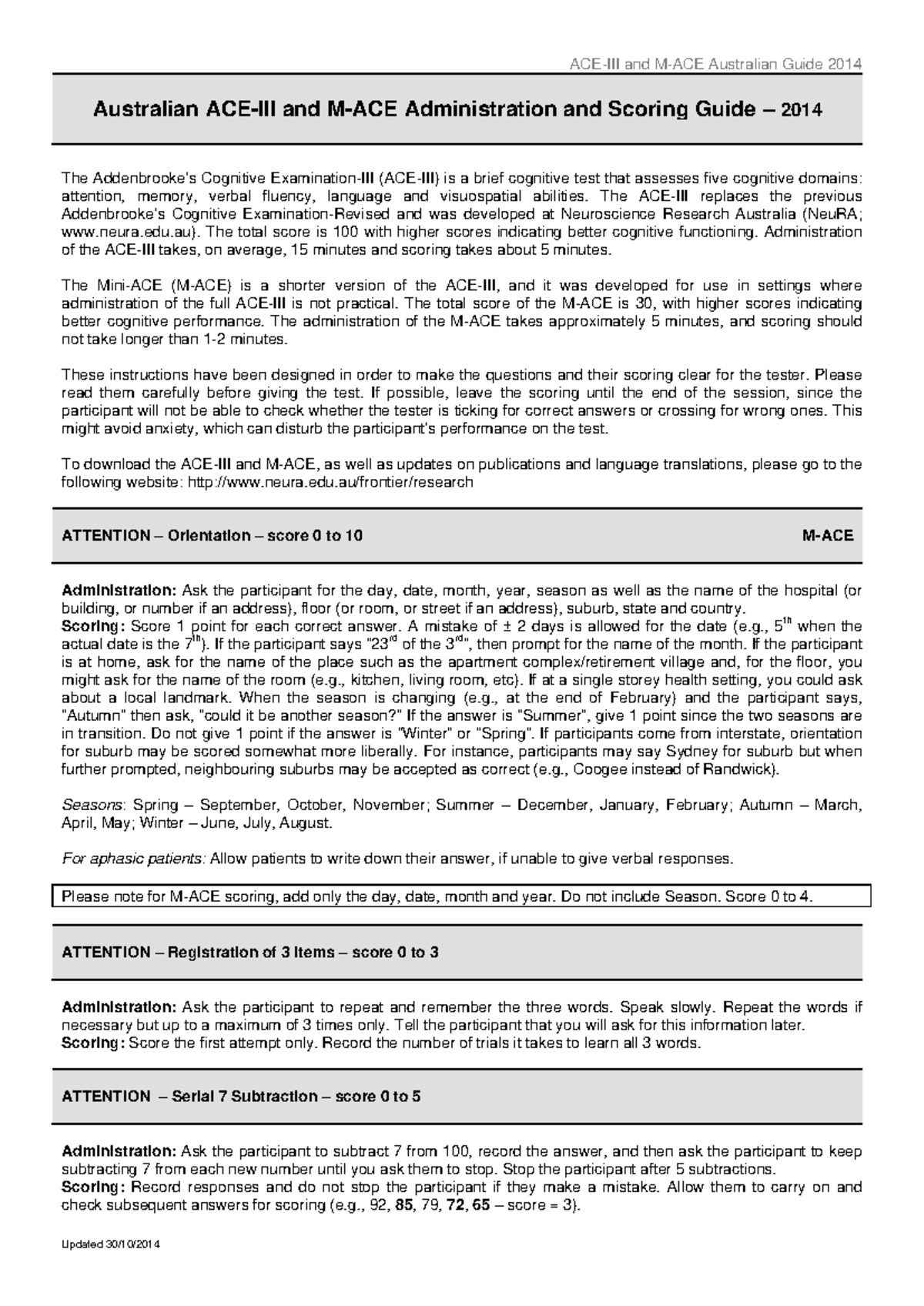 ACE III Scoring Guide 2014: Administration & Scoring Instructions - Studocu